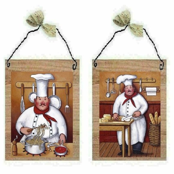 Handmade | Wall Decor | 2 Chef Pictures Fat Cooks Pasta Bread Kitchen ...